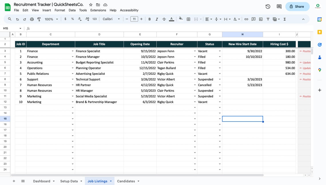 Recruitment Tracker Google Sheets | Applicant Tracking Spreadsheet ...