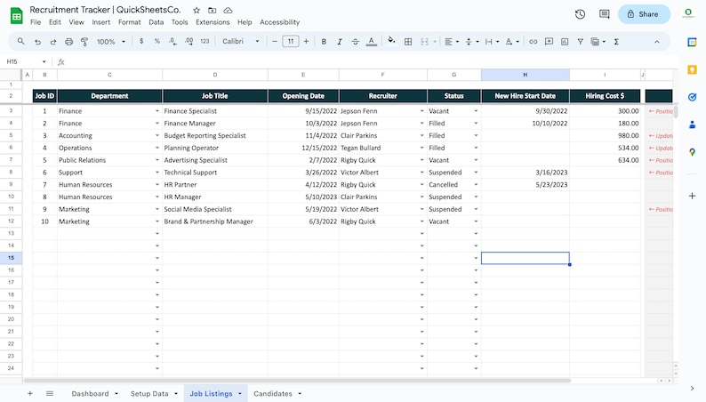 Recruitment Tracker Google Sheets | Applicant Tracking Spreadsheet ...