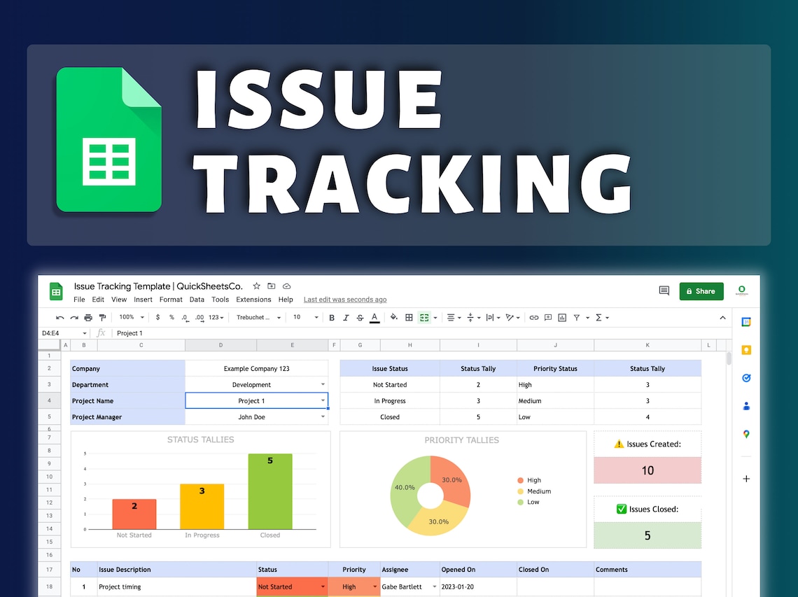 Issue Tracker Template Google Sheets Track Project - Etsy Canada