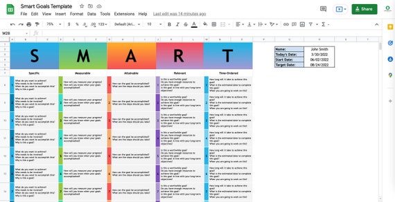 Smart Goals Analysis Template Google Sheets Download Smart | Etsy Canada