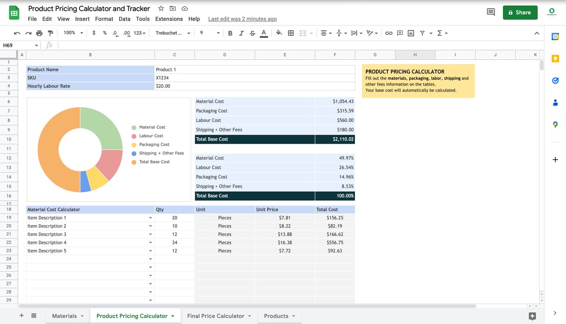 Product Pricing Template | Google Sheets | Pricing Sheet | Pricing ...