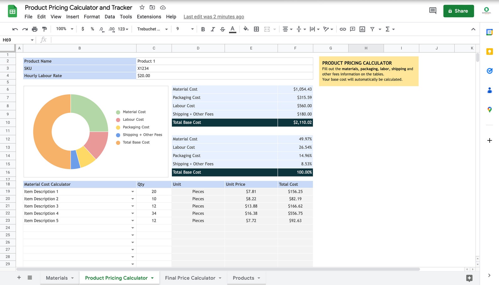 Product Pricing Template | Google Sheets | Pricing Sheet | Pricing ...