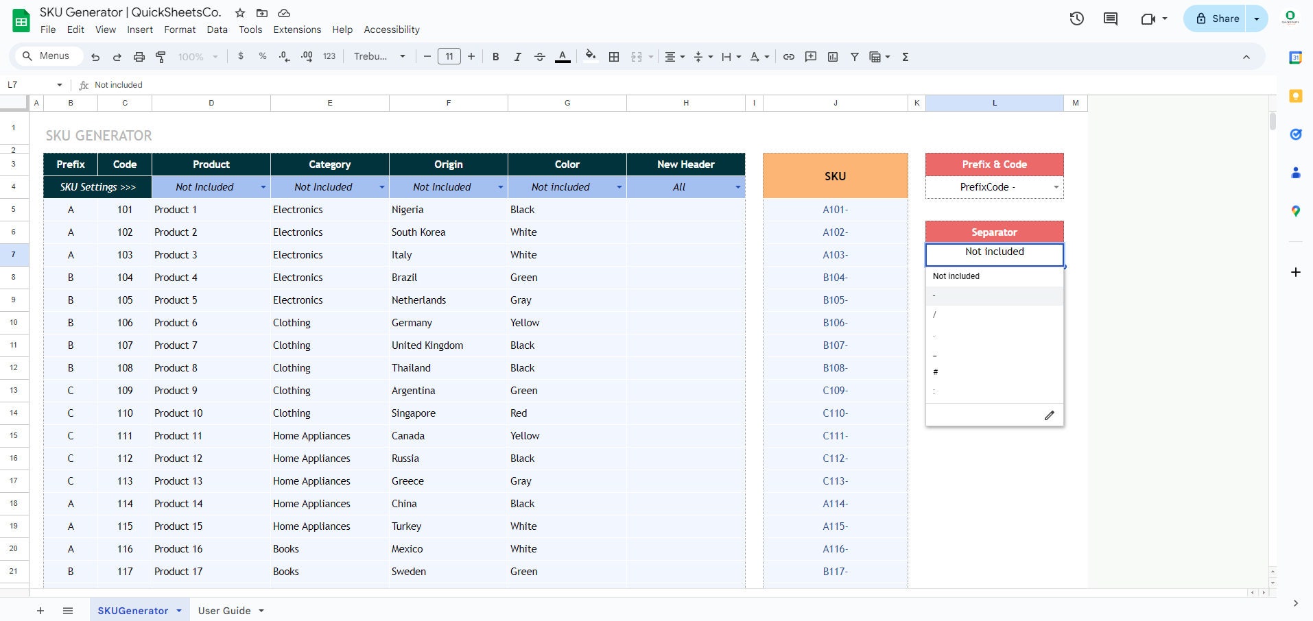 SKU Generator Google Sheets Template | Generate Unique Codes for Efficient Inventory Control - Etsy