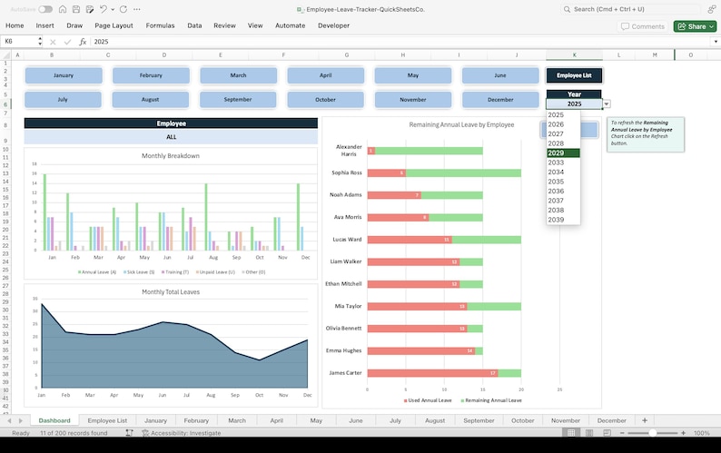 Employee Leave Tracker | Excel Template | Leave Management Excel | Time ...