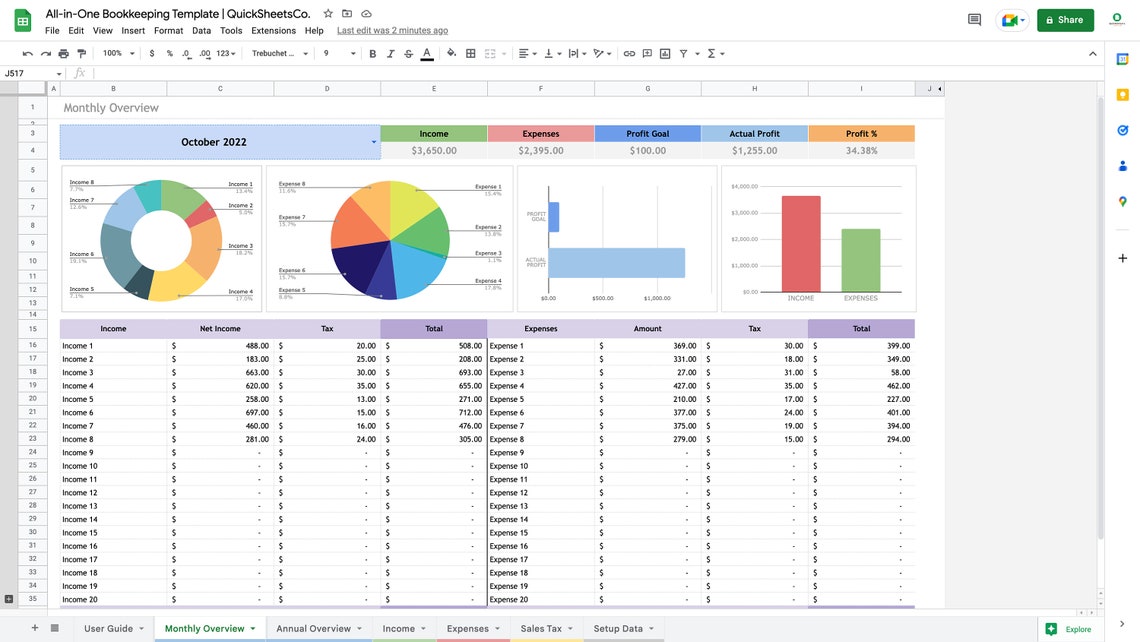 Small Business Bookkeeping Template Google Sheets Income and Expense ...