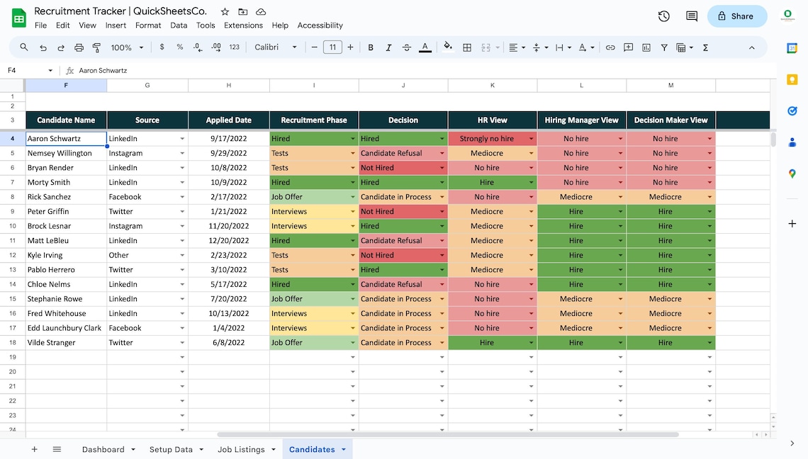 Recruitment Tracker Google Sheets | Applicant Tracking Spreadsheet ...