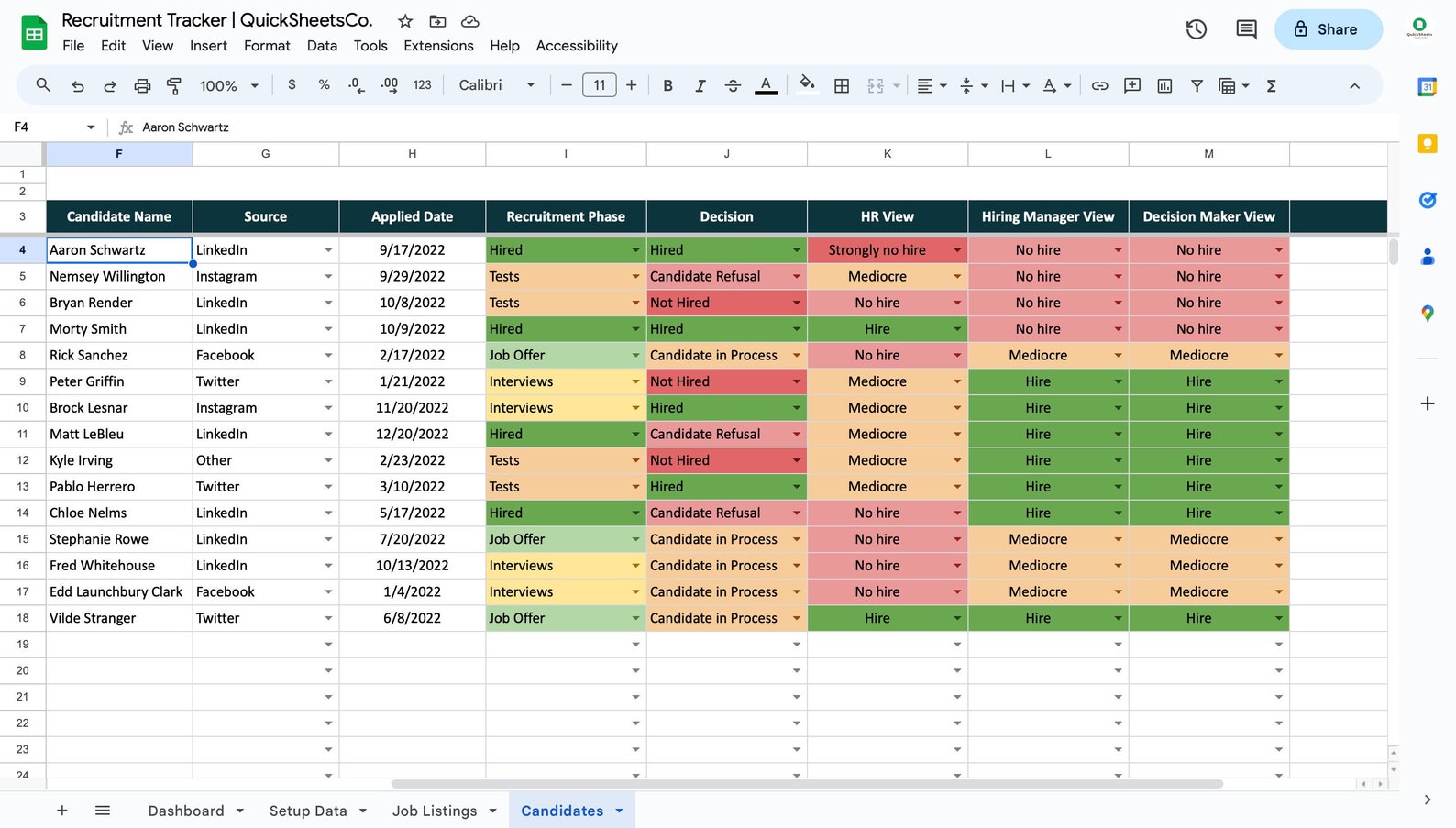 Recruitment Tracker Google Sheets | Applicant Tracking Spreadsheet ...