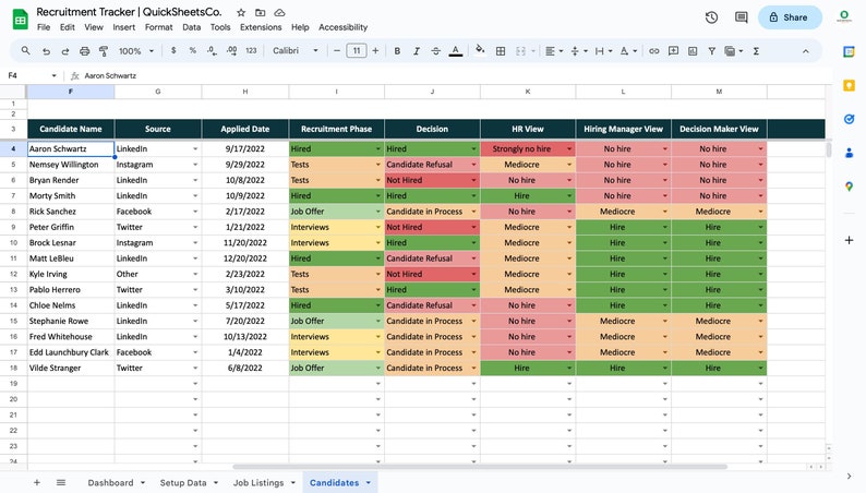 Recruitment Tracker Google Sheets | Applicant Tracking Spreadsheet ...