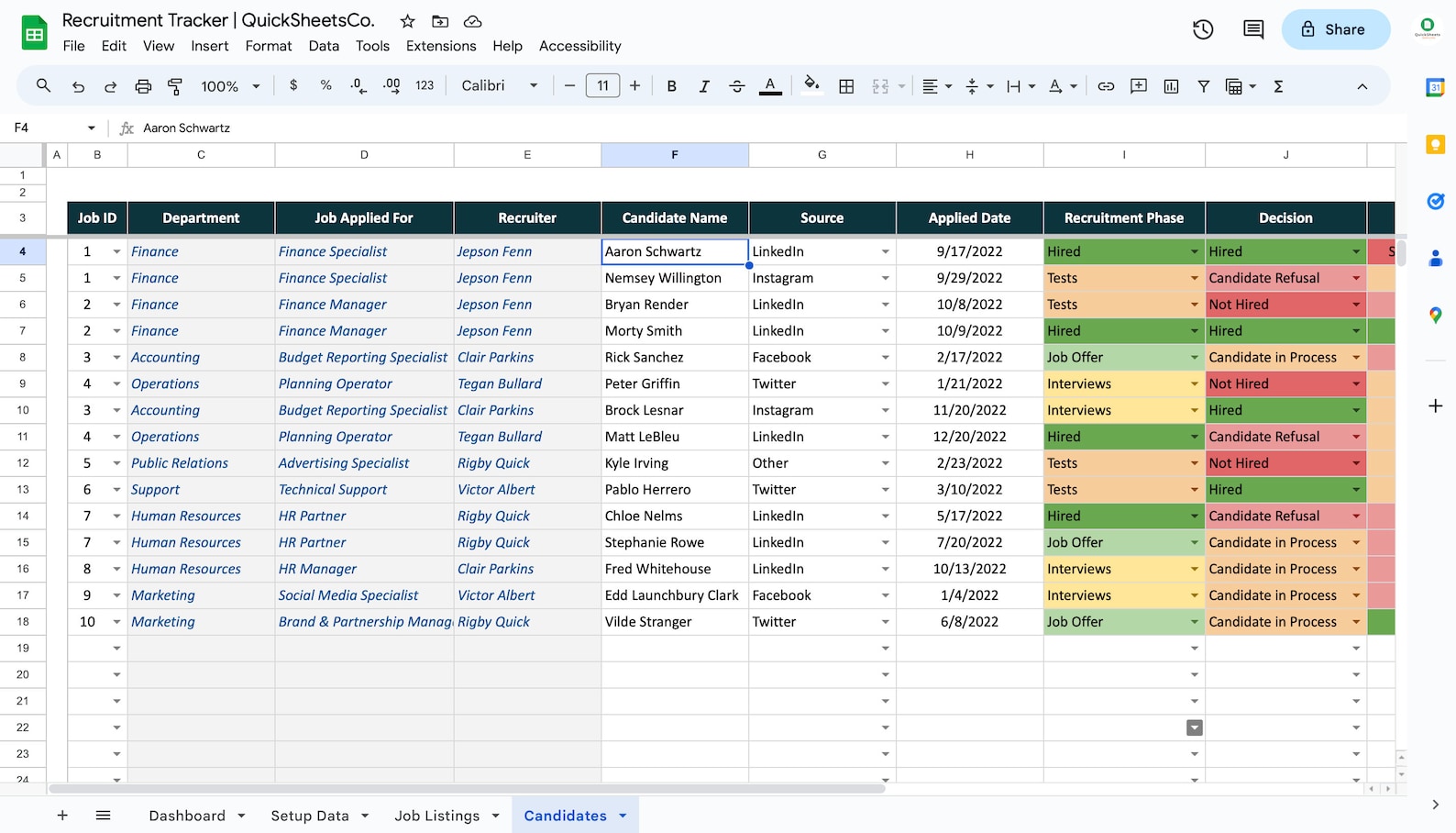 Recruitment Tracker Google Sheets | Applicant Tracking Spreadsheet ...