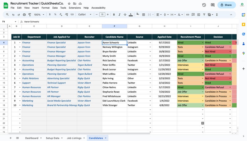 Recruitment Tracker Google Sheets | Applicant Tracking Spreadsheet ...