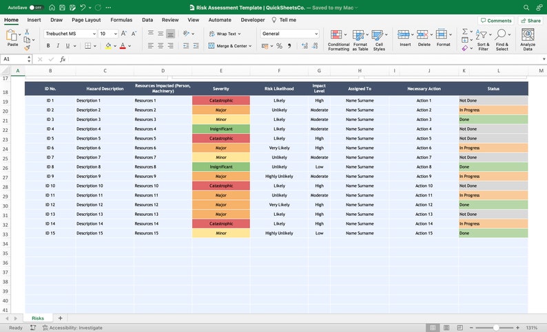 Risk Assessment Excel Template | Business Spreadsheet | Risk Management | Fillable Risk ...