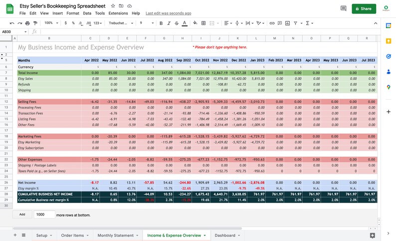 Etsy Bookkeeping Automated Spreadsheet Income & Expense Tracker ...