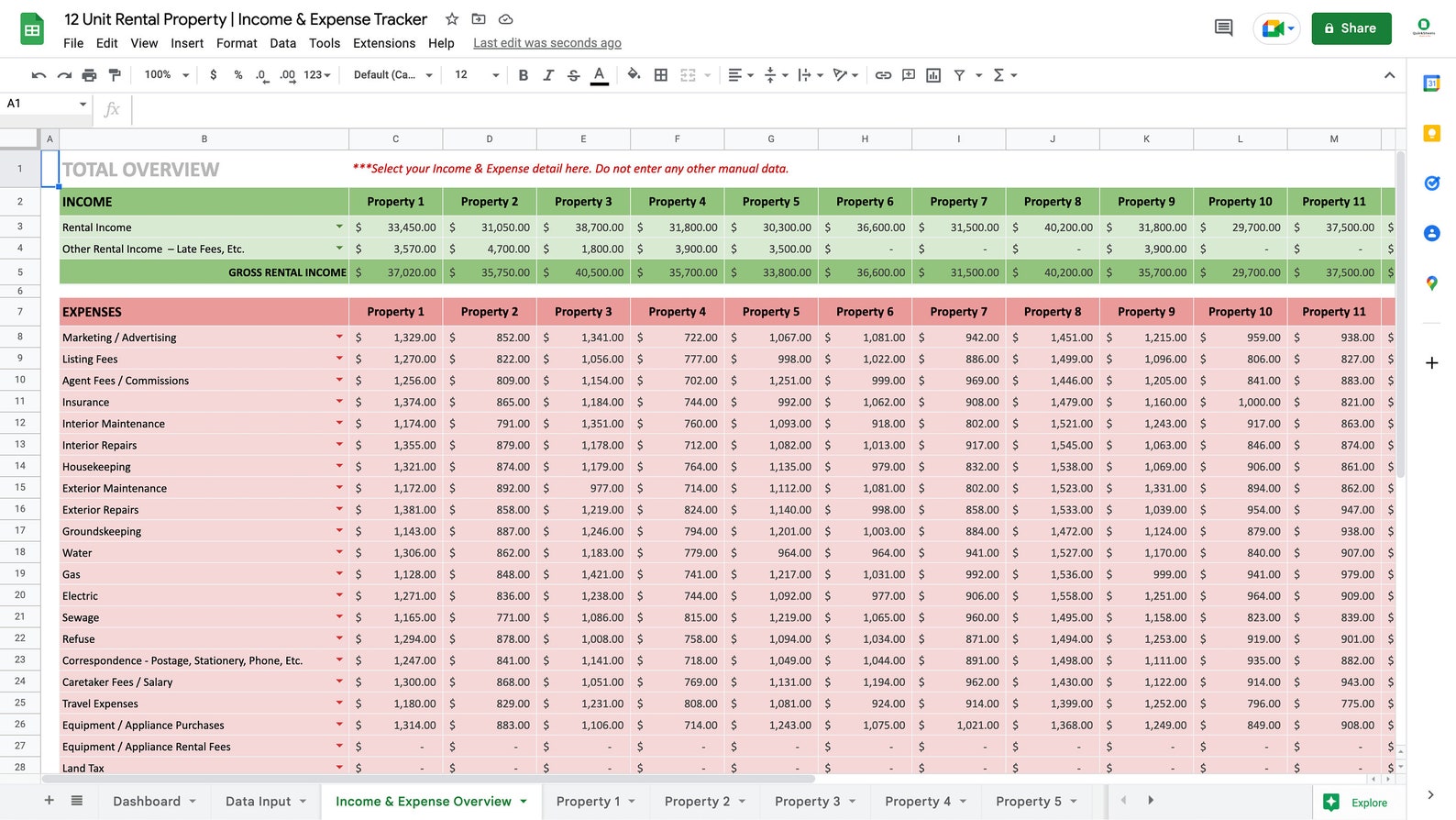 12 Unit Rental Property Template | Landlords Google Sheets Template ...