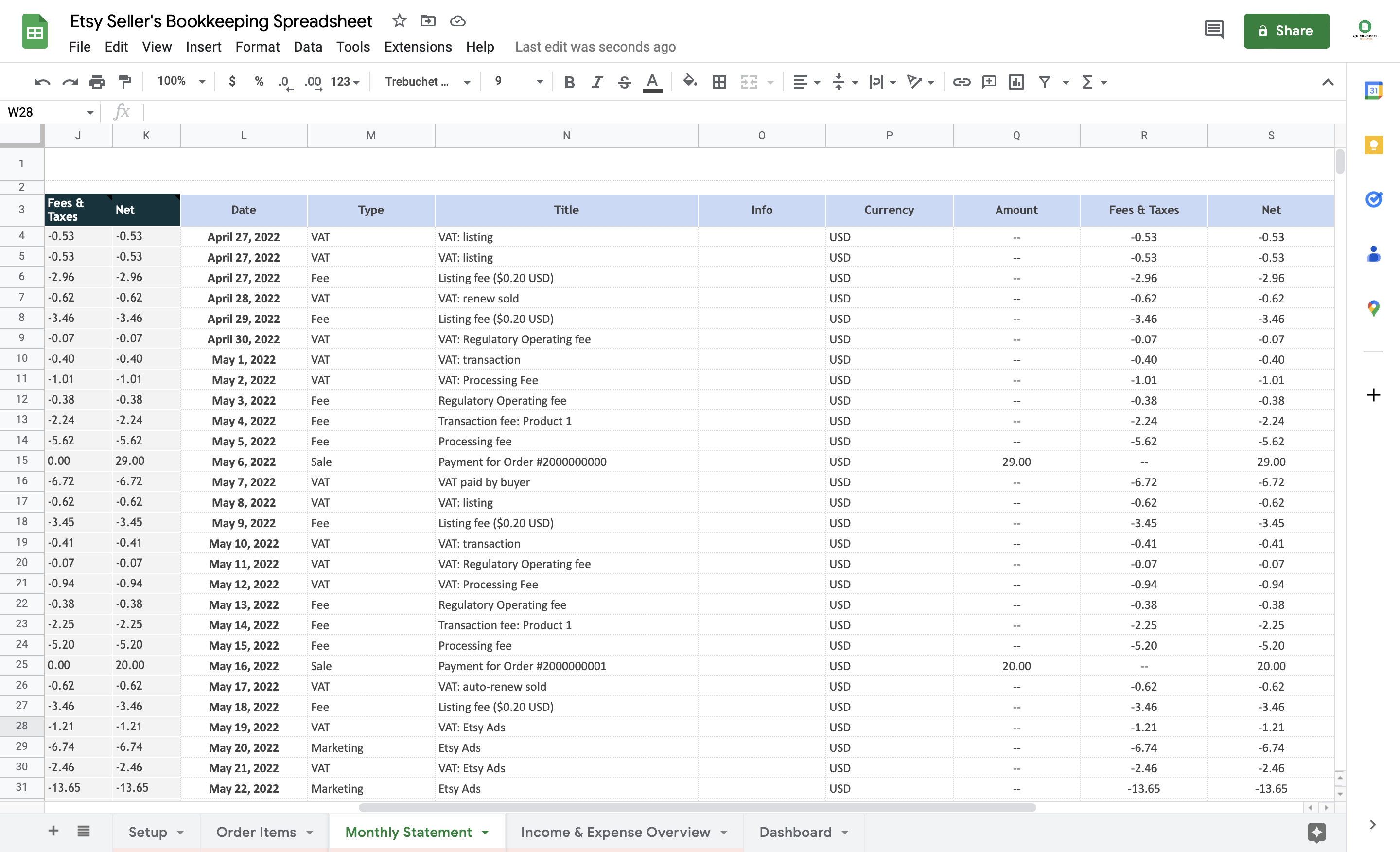 Etsy Bookkeeping Automated Spreadsheet | Income & Expense Tracker ...