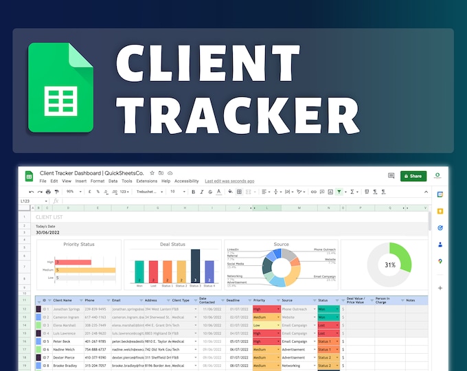 Client Tracker Spreadsheet | Google Sheets | Small Business Template | CRM Dashboard | Business ...