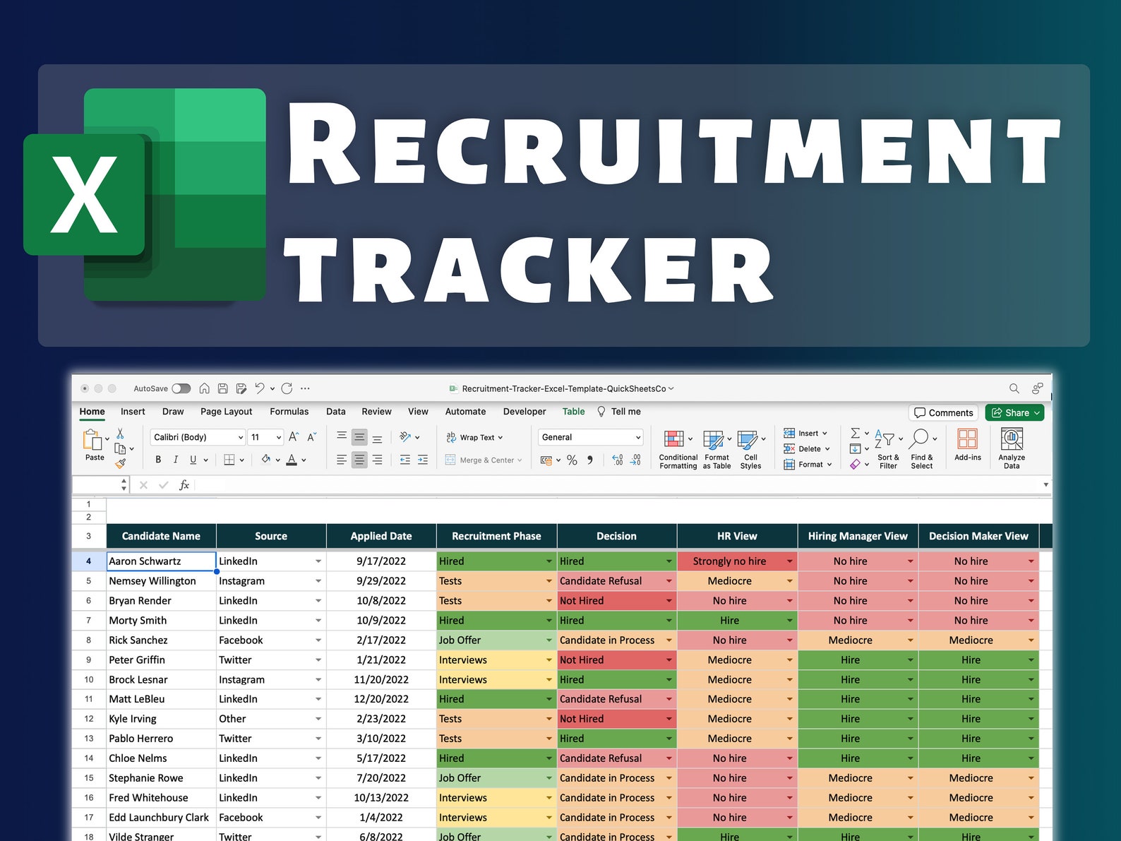 Recruitment Tracker Excel Template | Applicant Tracking Spreadsheet ...