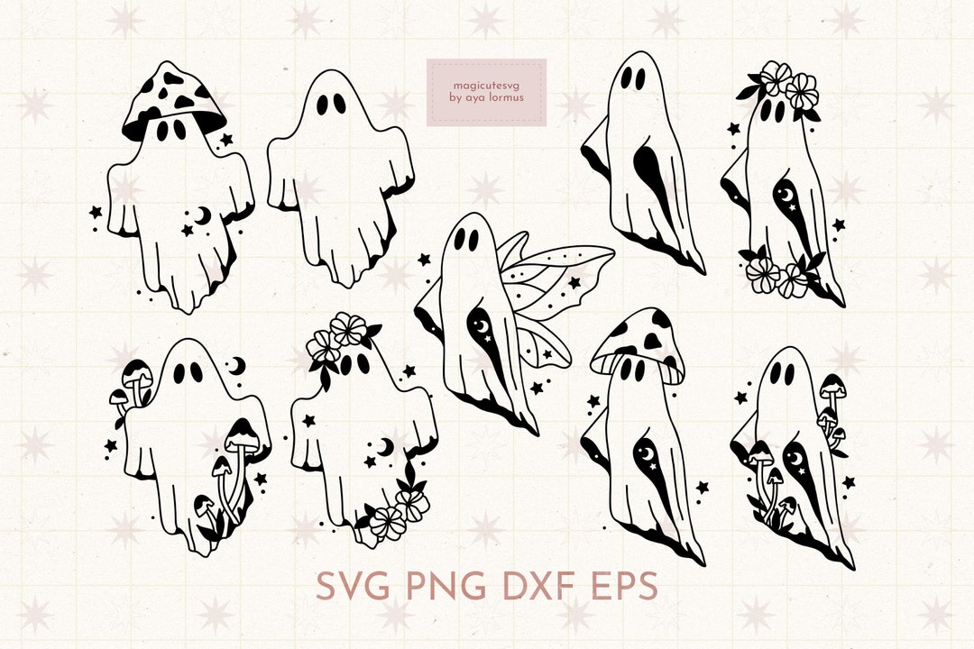 Ghost Outline Svg, Halloween Svg Bundle, Mushroom Svg, Cottagecore Svg ...