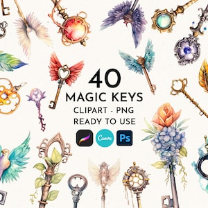 Magic Key Clip Art, Watercolor Key Clipart, Keys With Wings Clipart ...