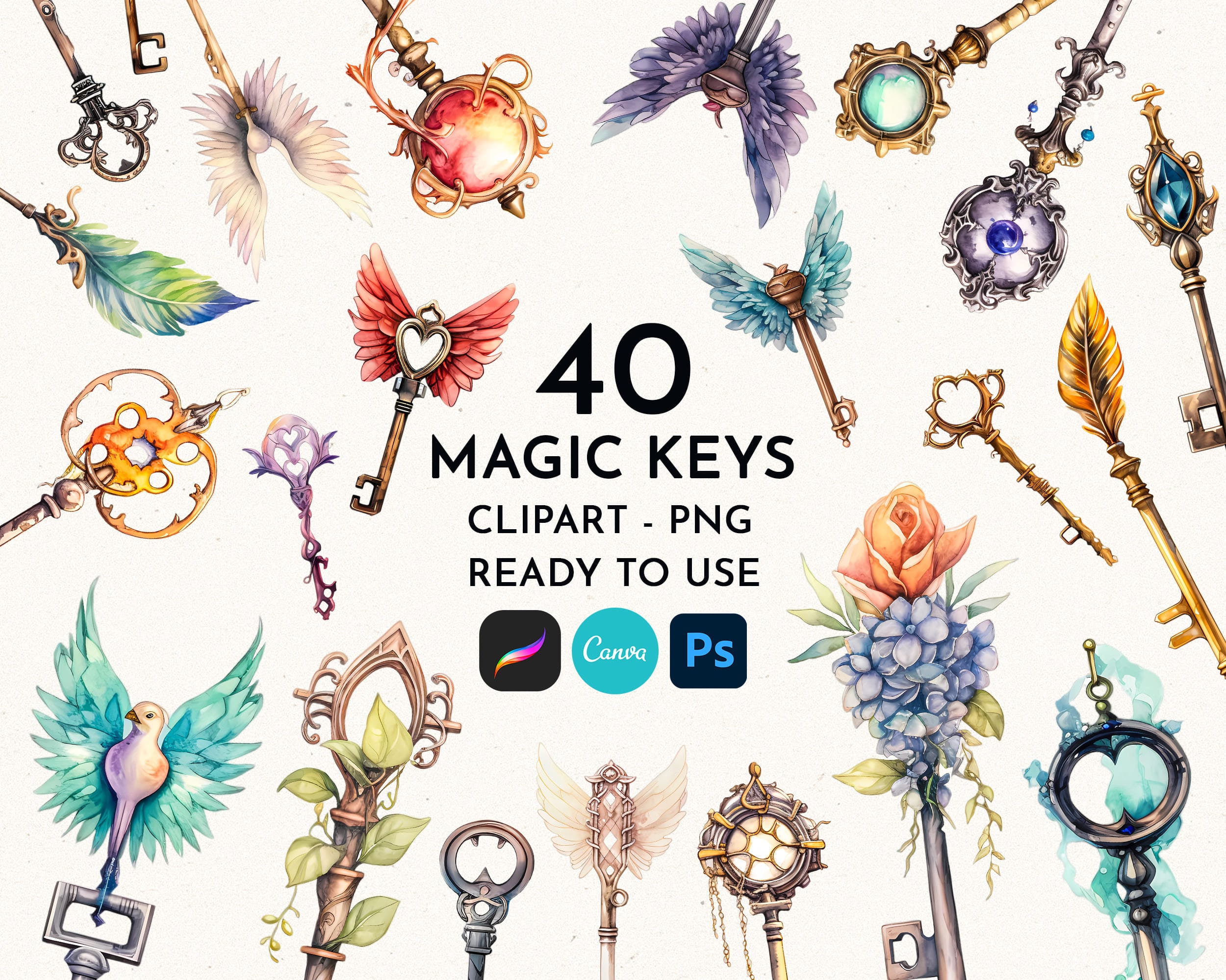 Magic Key Clip Art, Watercolor Key Clipart, Keys With Wings Clipart ...
