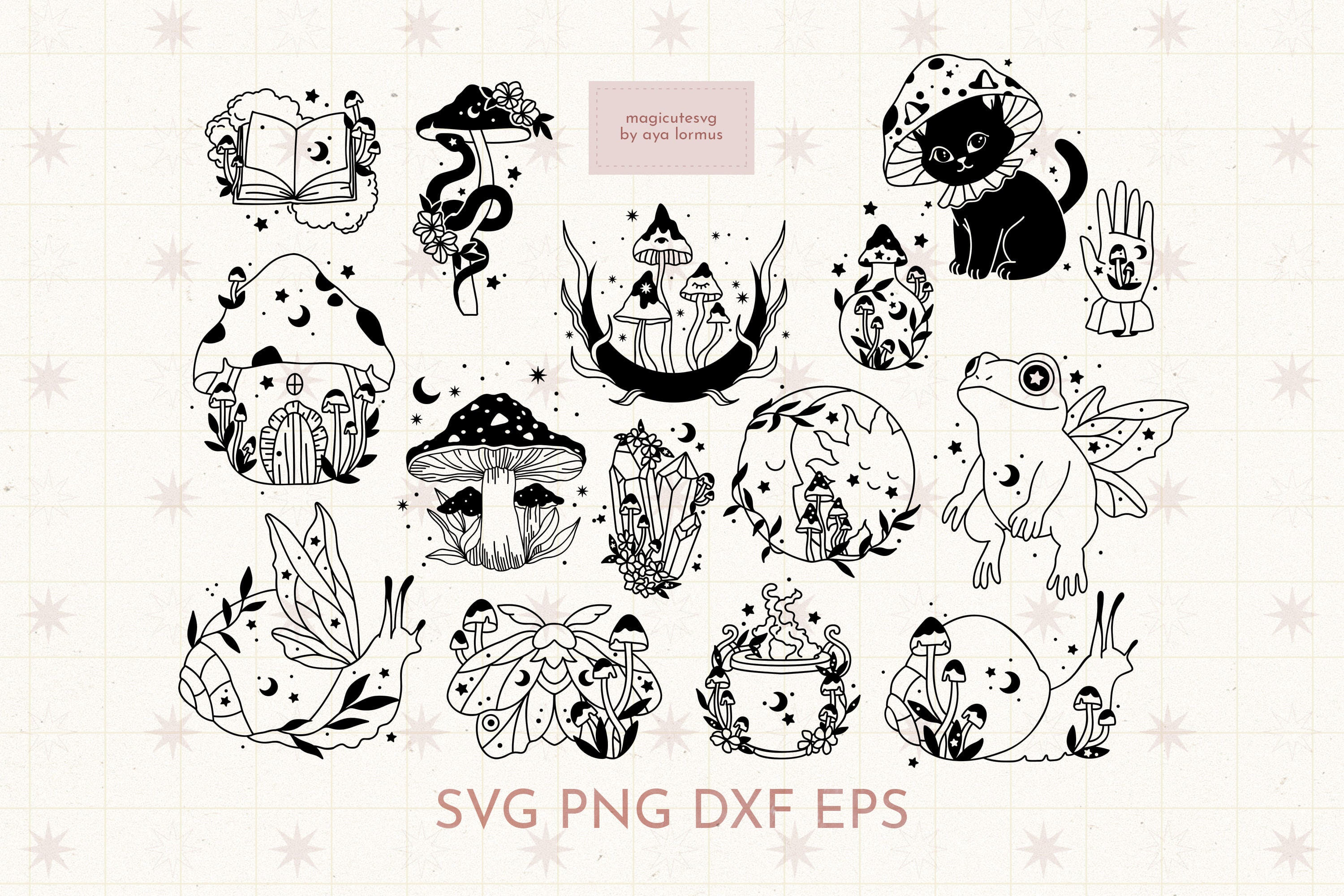 Mushroom Svg Bundle Cottagecore Svg Celestial Svg Mystical Svg Witchy Svg Moon Svg Magic