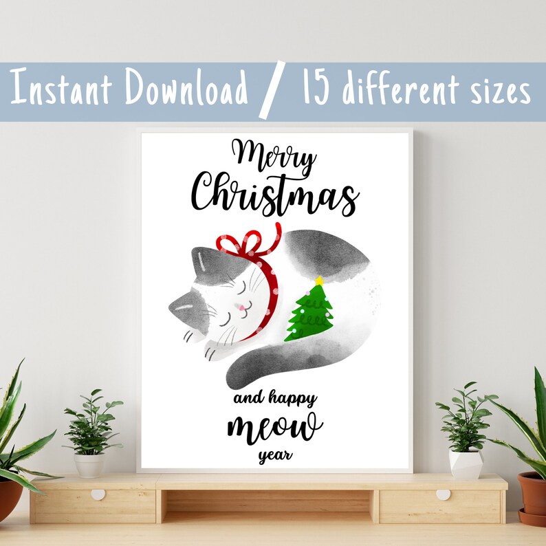 Cat Christmas Card Printable Cat Xmas Card Cat Holiday Cards Cat Merry ...