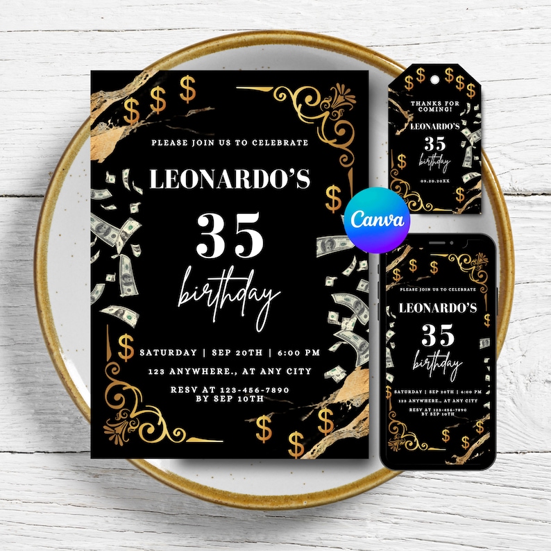 Cash Money Birthday Theme Black Gold Invitation Fancy Invitation Gold ...