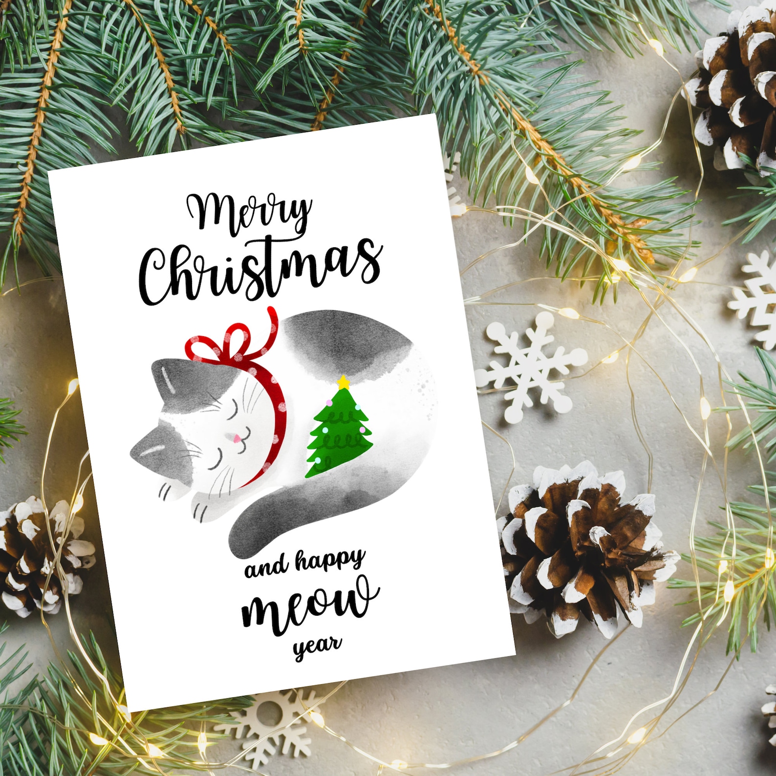Cat Christmas Card Printable Cat Xmas Card Cat Holiday Cards Cat Merry ...