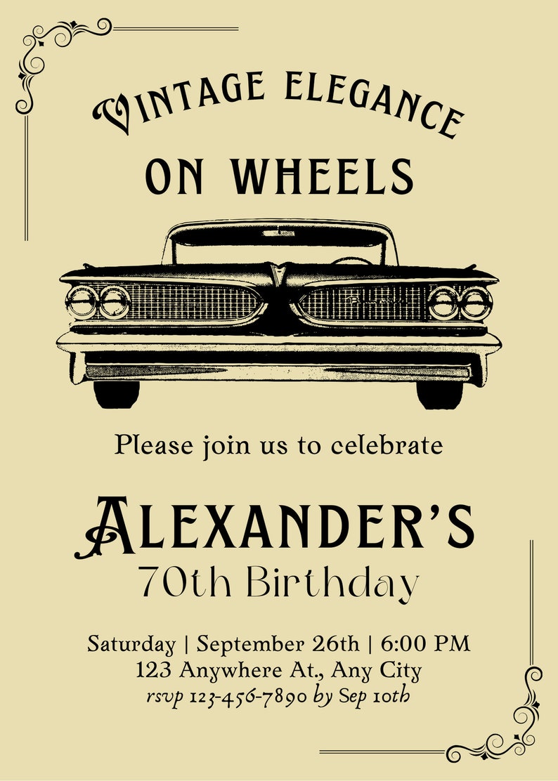 80th Birthday 60th Birthday Car Theme Birthday Invitations Classic Car ...