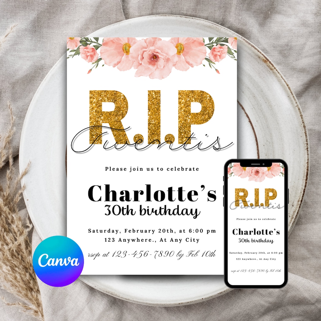 RIP invitación de cumpleaños RIP 20s teléfono invitar RIP veinte años invitar a los treinta ...