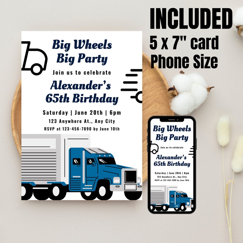 65th Birthday Man Truck Driver Invitation Semi Truck Invitation Digital ...