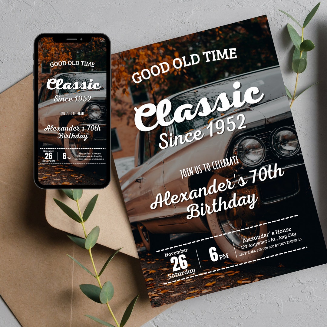 Classic Car Invite 70th Birthday Invitation 70th Birthda Man Dad 70th ...