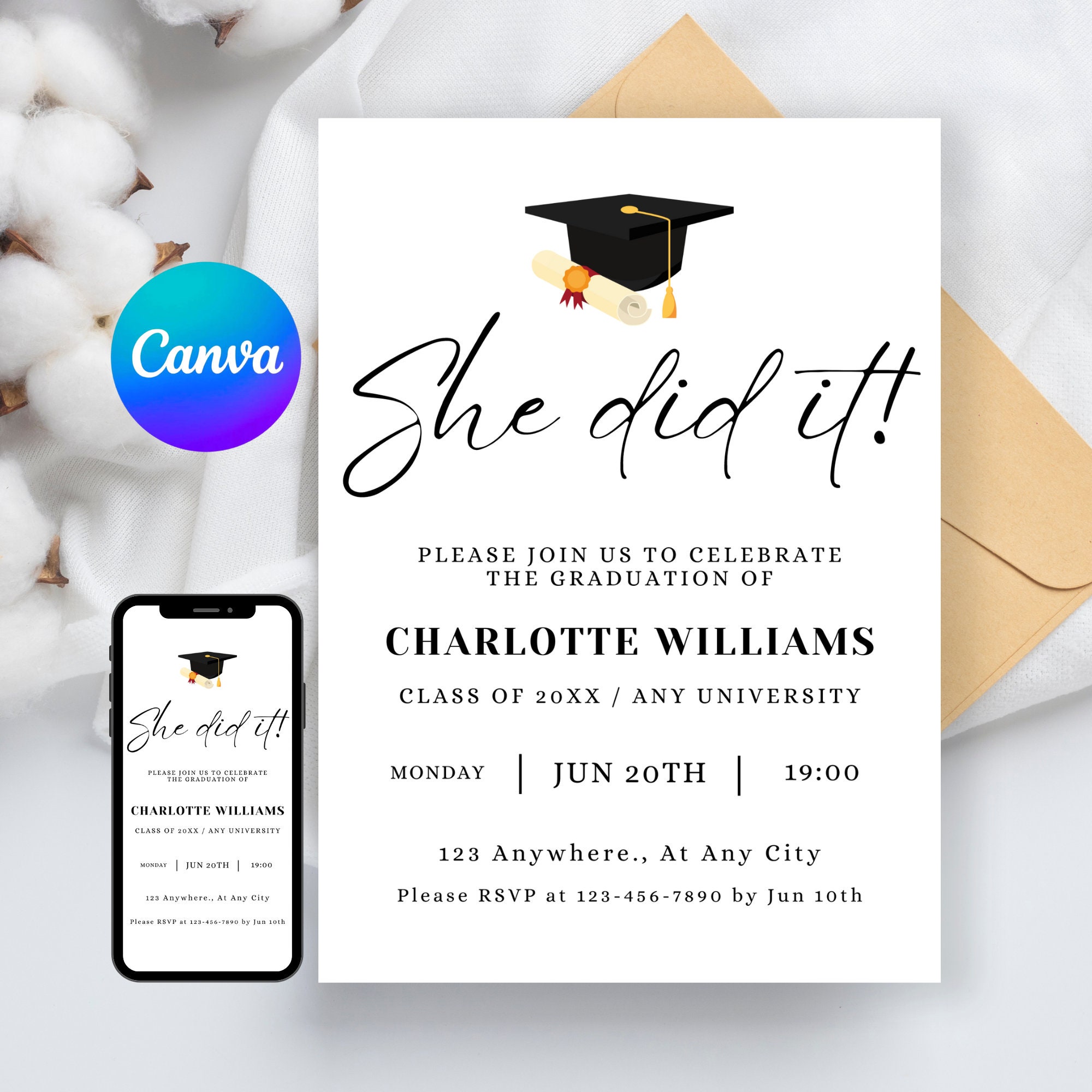 College Grad Invitation Graduation Invitation Canva Grad Cap Template ...
