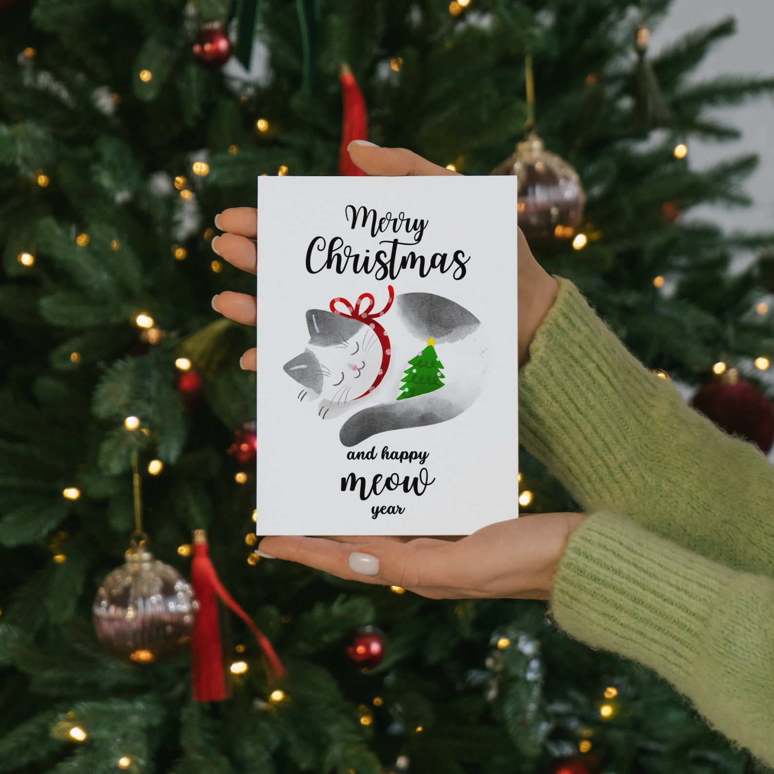 Cat Christmas Card Printable Cat Xmas Card Cat Holiday Cards Cat Merry ...