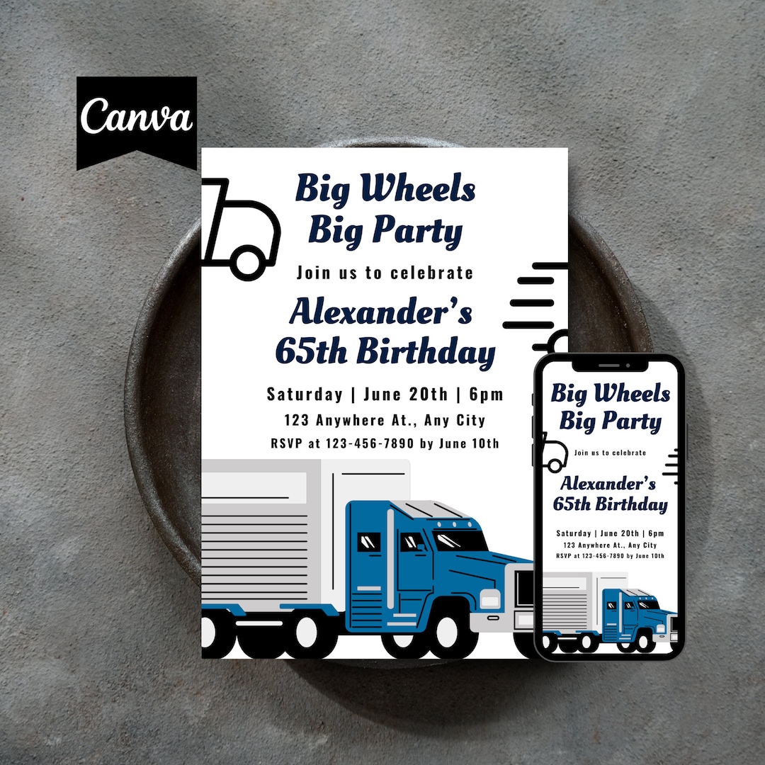 65th Birthday Man Truck Driver Invitation Semi Truck Invitation Digital ...