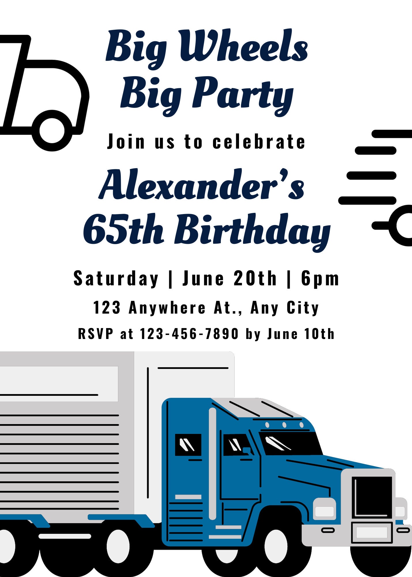 65th Birthday Man Truck Driver Invitation Semi Truck Invitation Digital ...