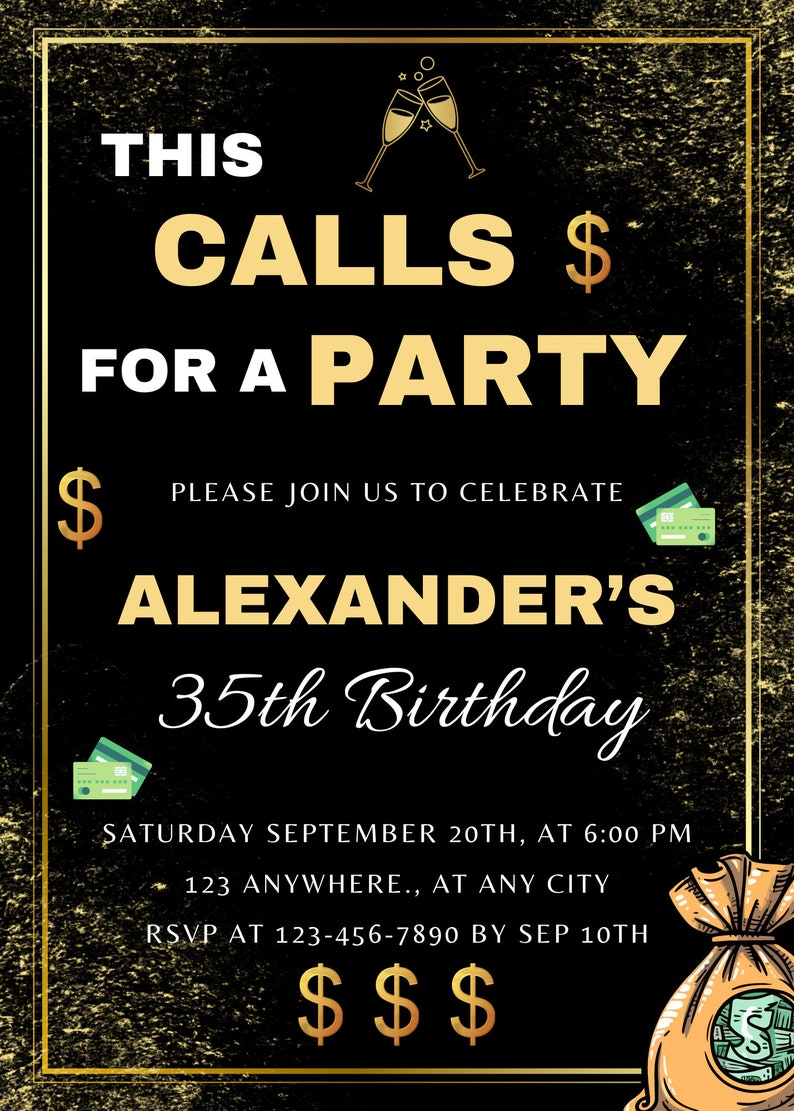 Money Birthday Invitation Money Theme Birthday Gold Birthday Invitation ...