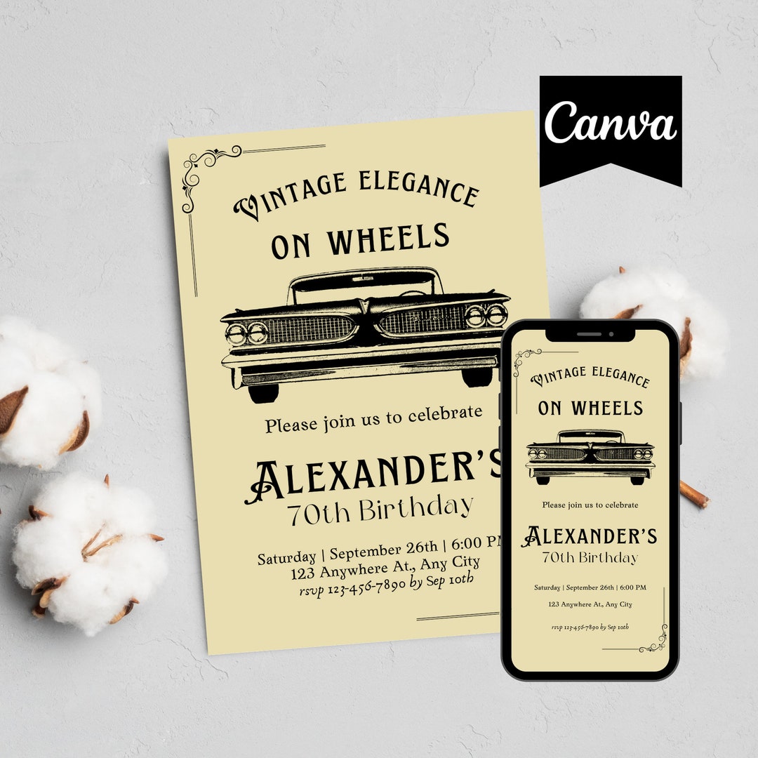 80th Birthday 60th Birthday Car Theme Birthday Invitations Classic Car ...