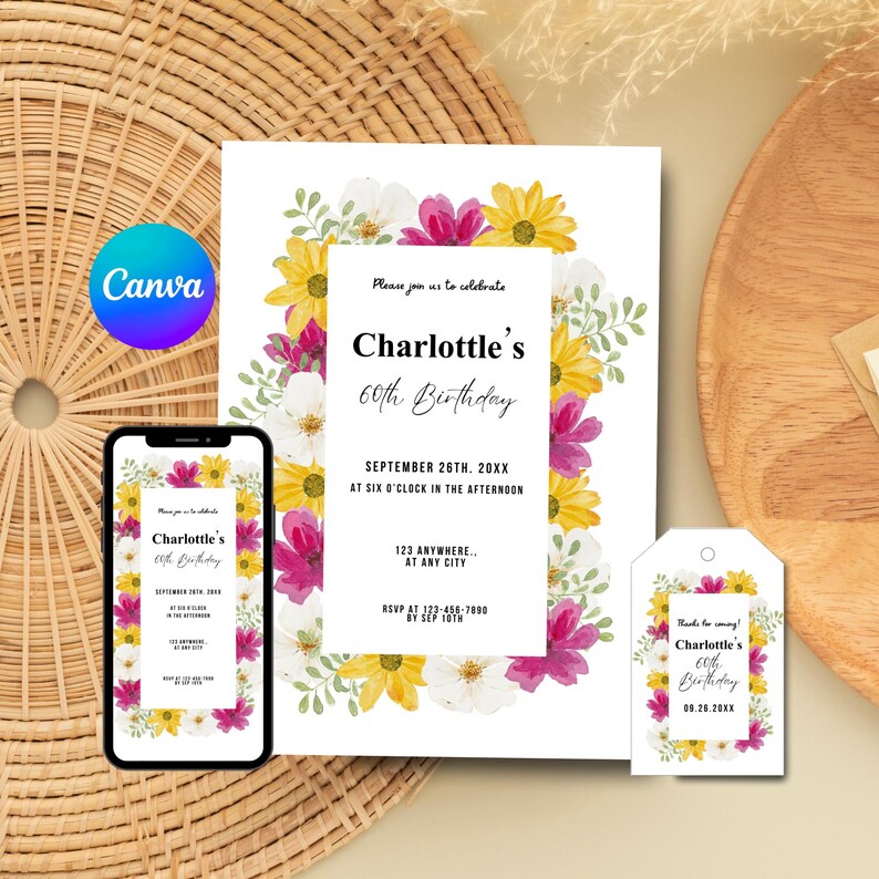 Flower Theme Birthday Invitation Flower Party Invitation Canva Flower ...
