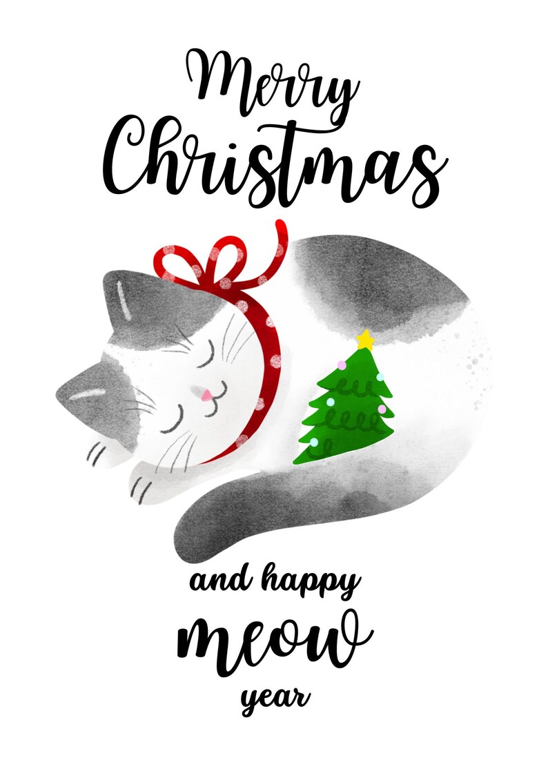 Cat Christmas Card Printable Cat Xmas Card Cat Holiday Cards Cat Merry ...