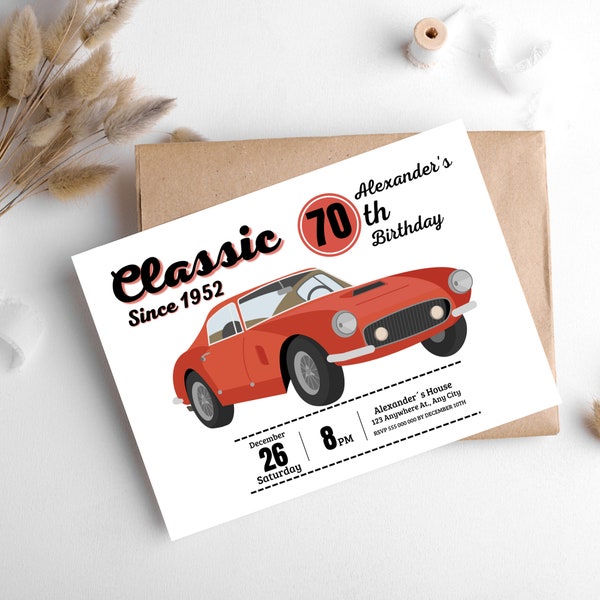 Classic car 70th birthday invitation - Etsy Polska