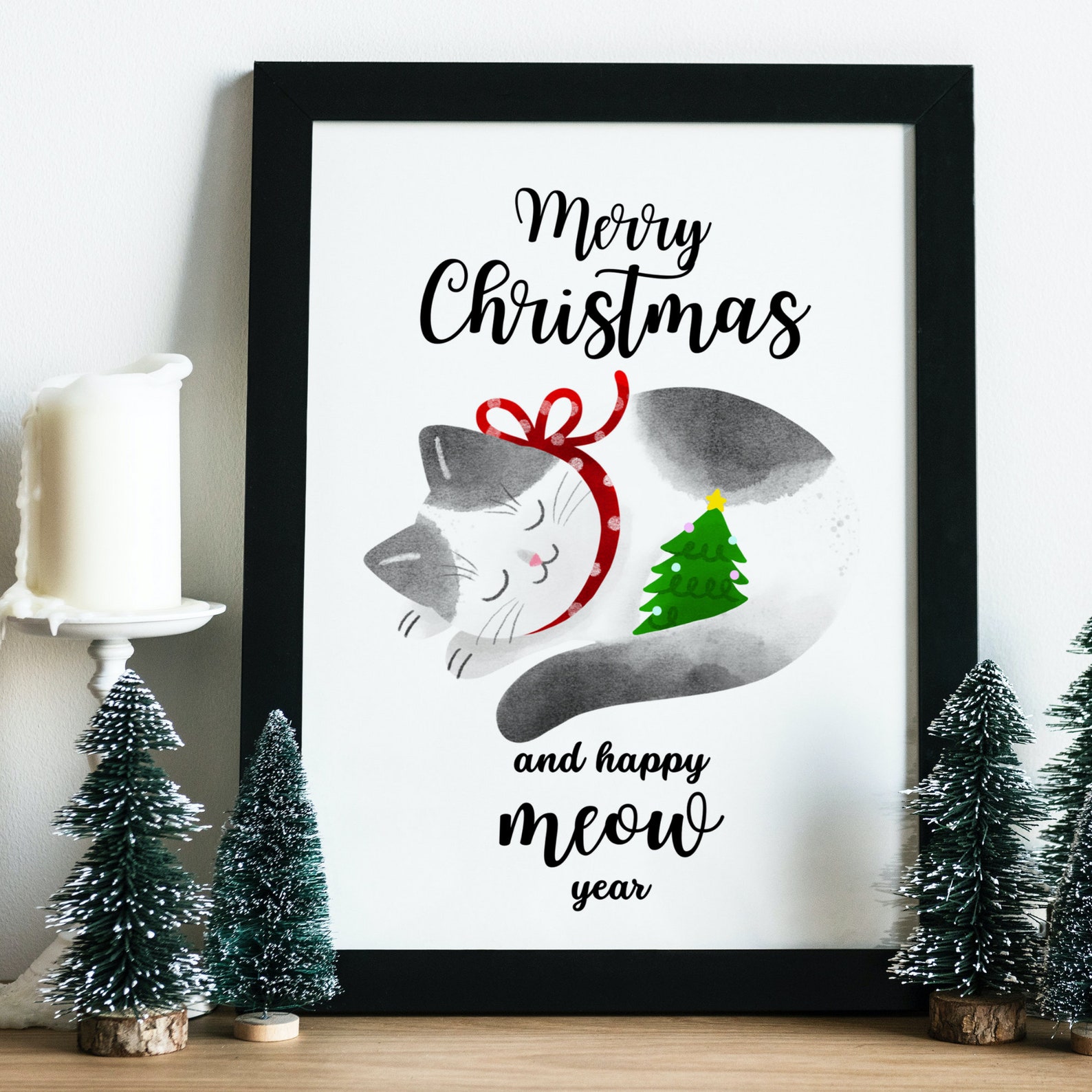 Cat Christmas Card Printable Cat Xmas Card Cat Holiday Cards Cat Merry ...