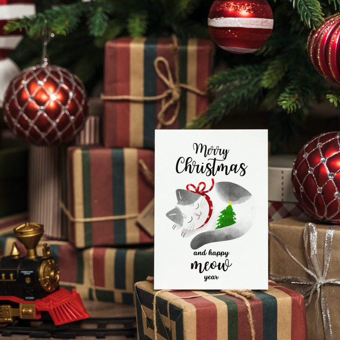 Cat Christmas Card Printable Cat Xmas Card Cat Holiday Cards - Etsy