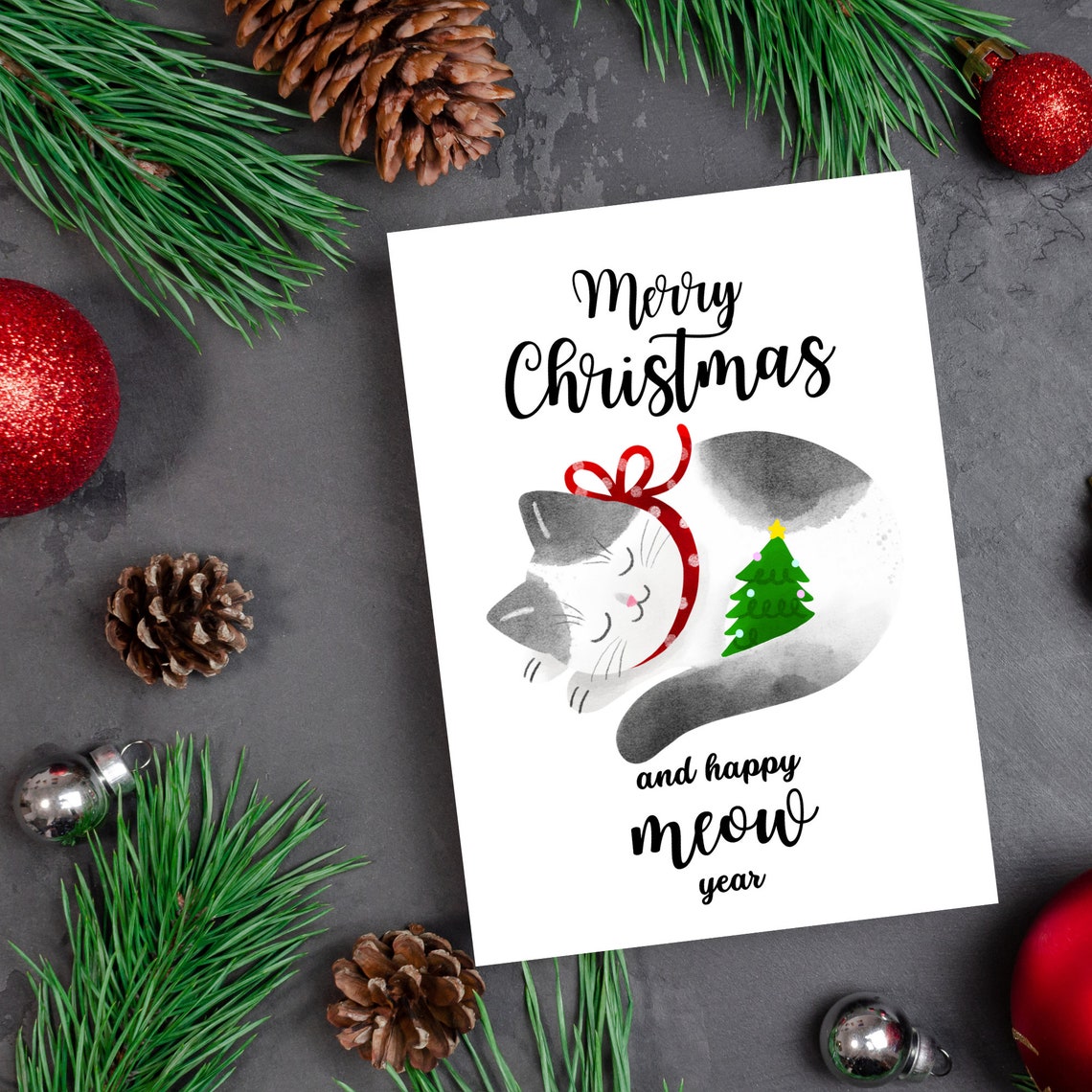 Cat Christmas Card Printable Cat Xmas Card Cat Holiday Cards - Etsy