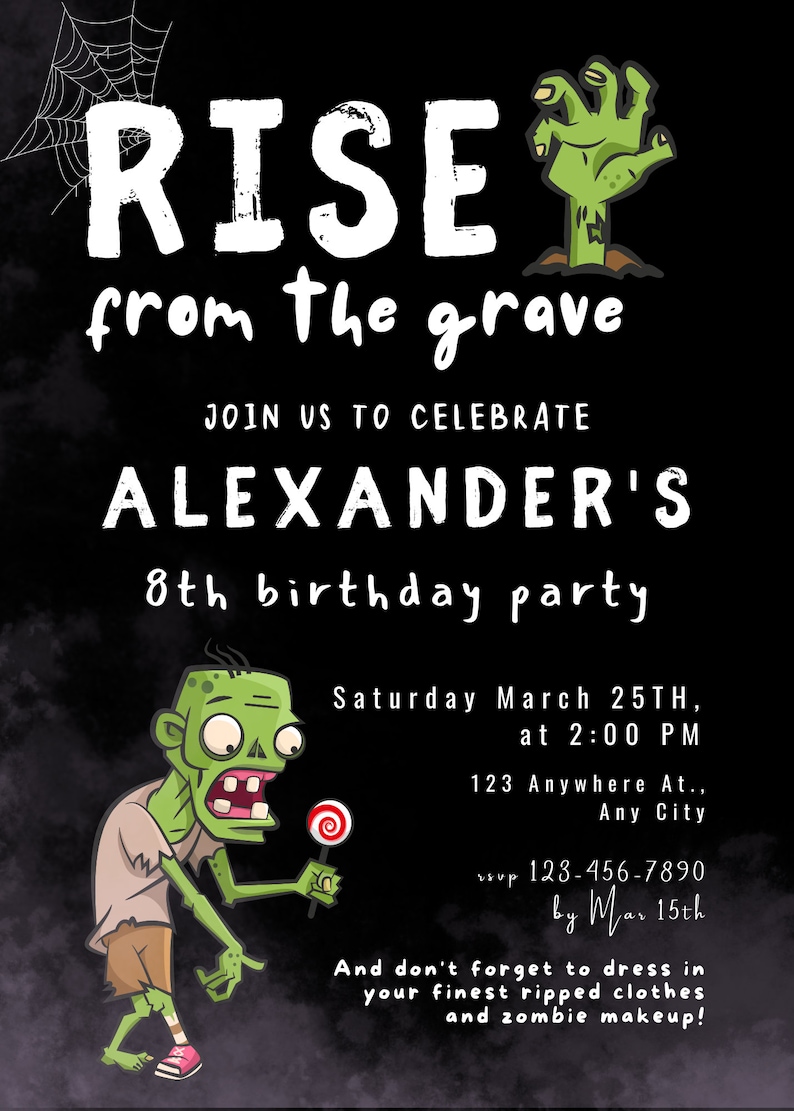 Zombies Birthday Invitation Zombie Kids Birthday Zombies 3 Invitation ...