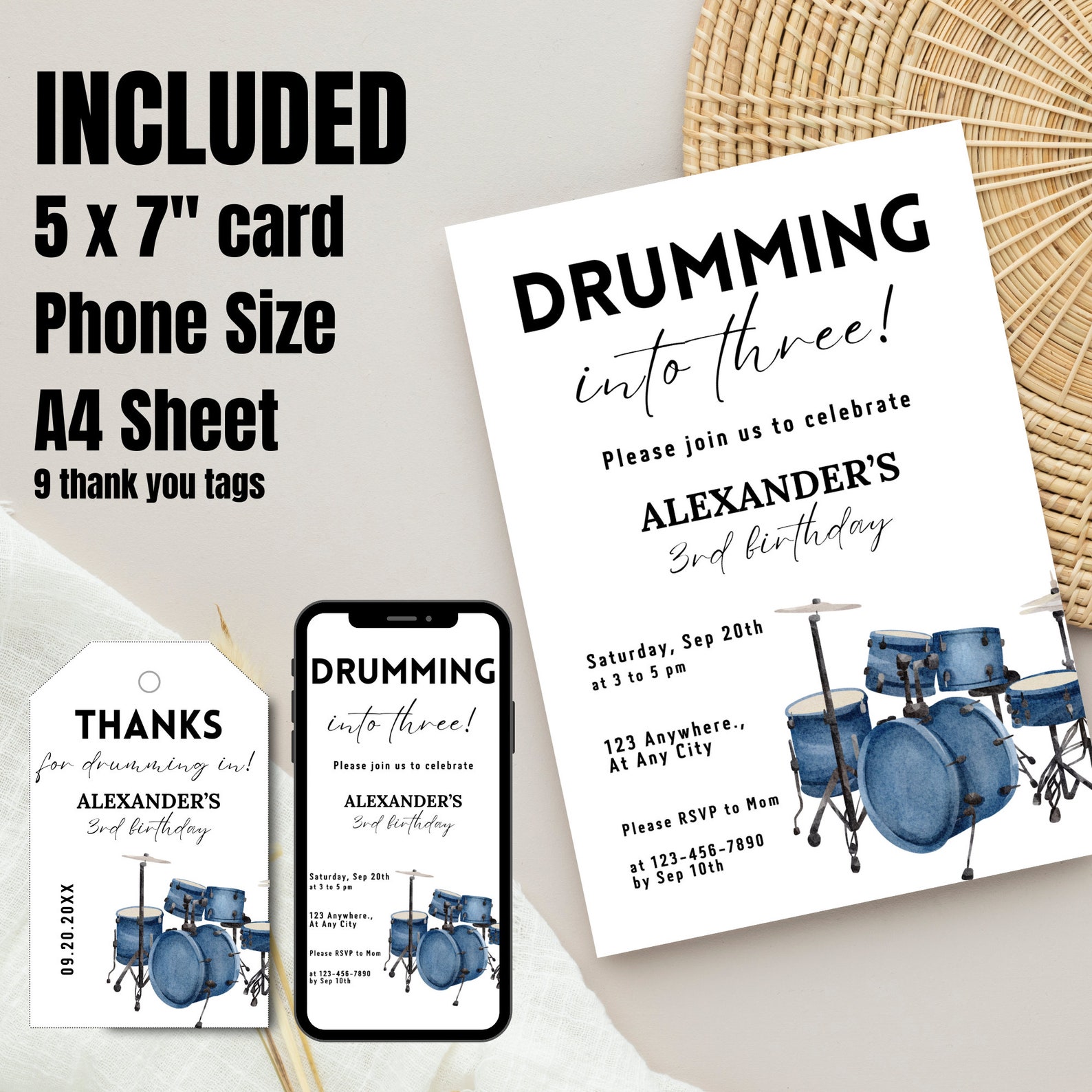 Drum Birthday Invitation Drum Theme Invitation Musical Instruments 3rd ...