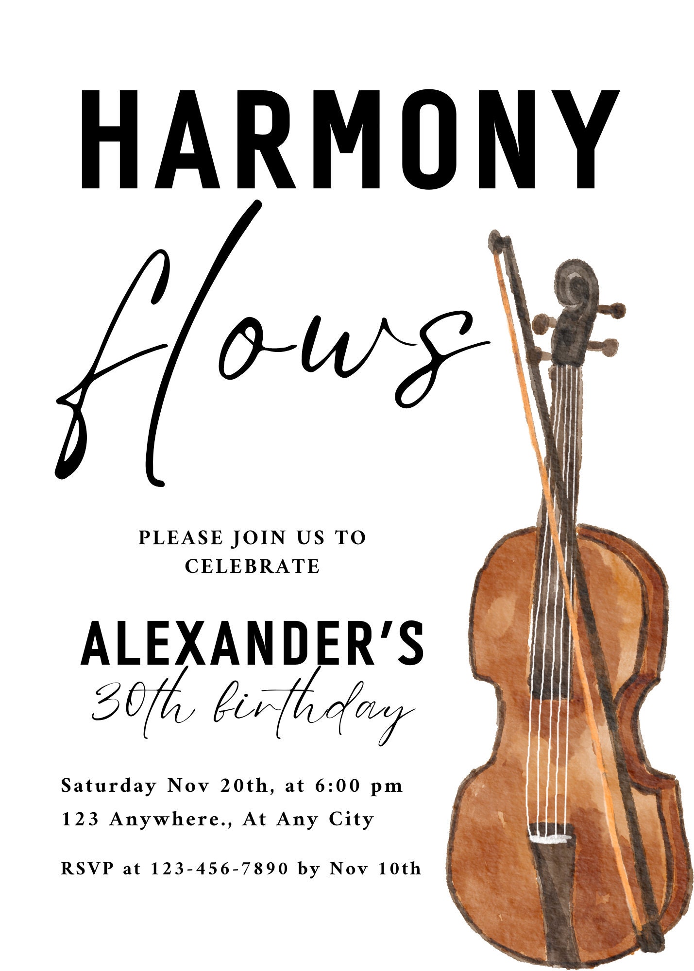 Violin Birthday Invitation Violin Invitation Instrument Invitation ...