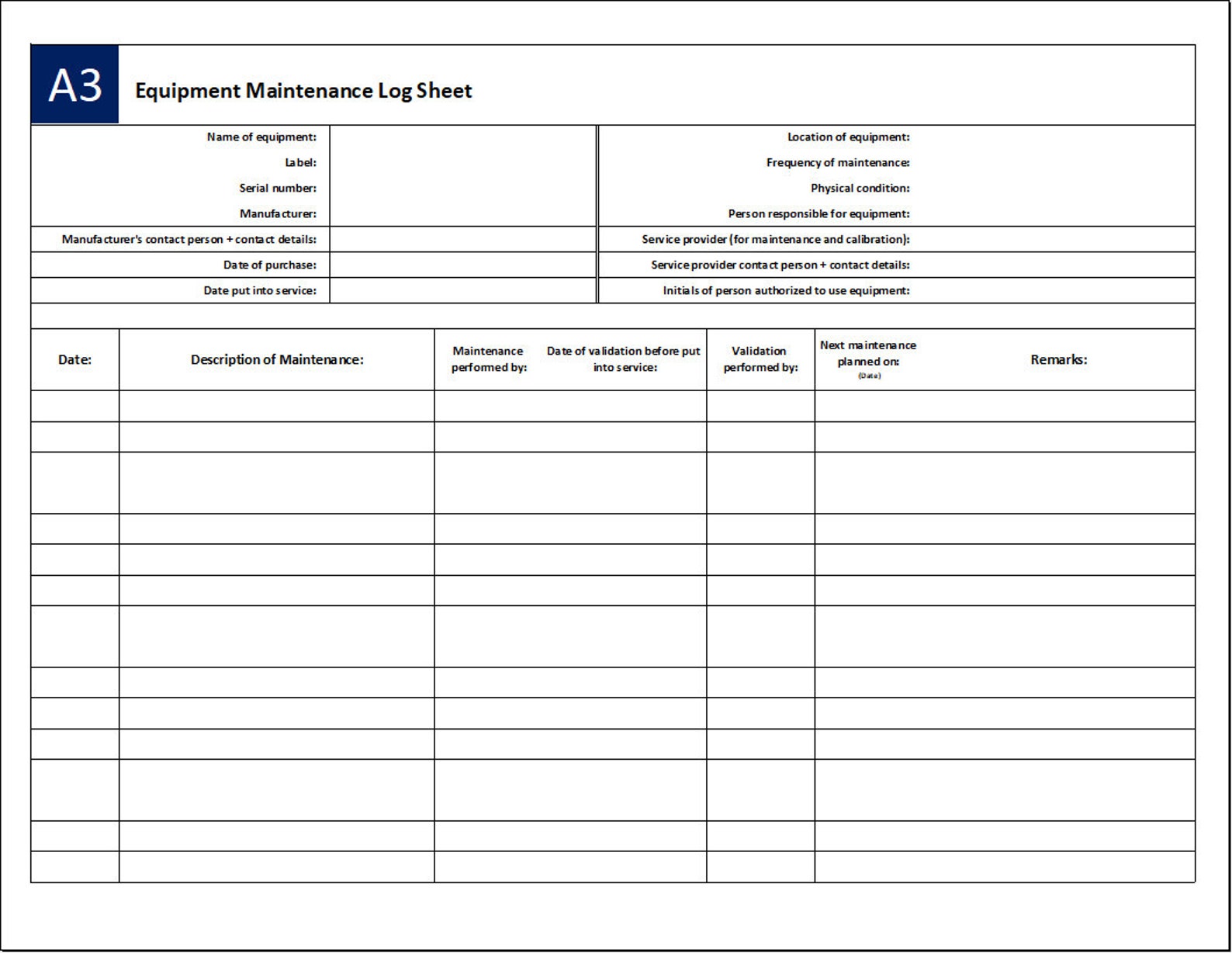 Equipment Maintenance Log Sheet - Etsy