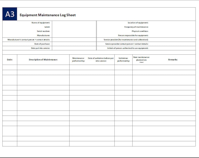 Equipment Maintenance Log Sheet - Etsy