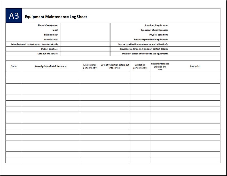 Equipment Maintenance Log Sheet - Etsy