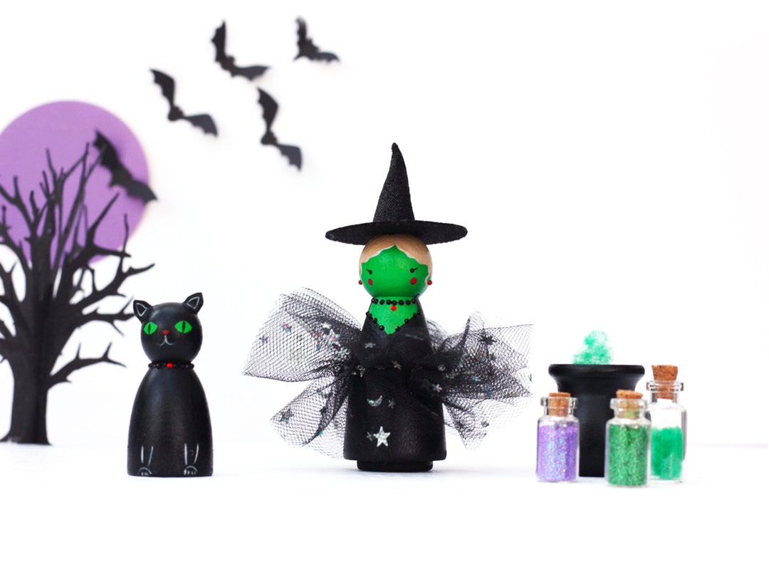 Halloween Peg Doll Set: Wicked Witch, Black Cat, Cauldron - Etsy